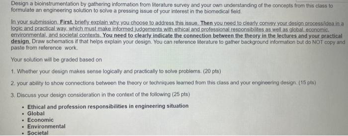 Design a bioinstrumentation by gathering information | Chegg.com