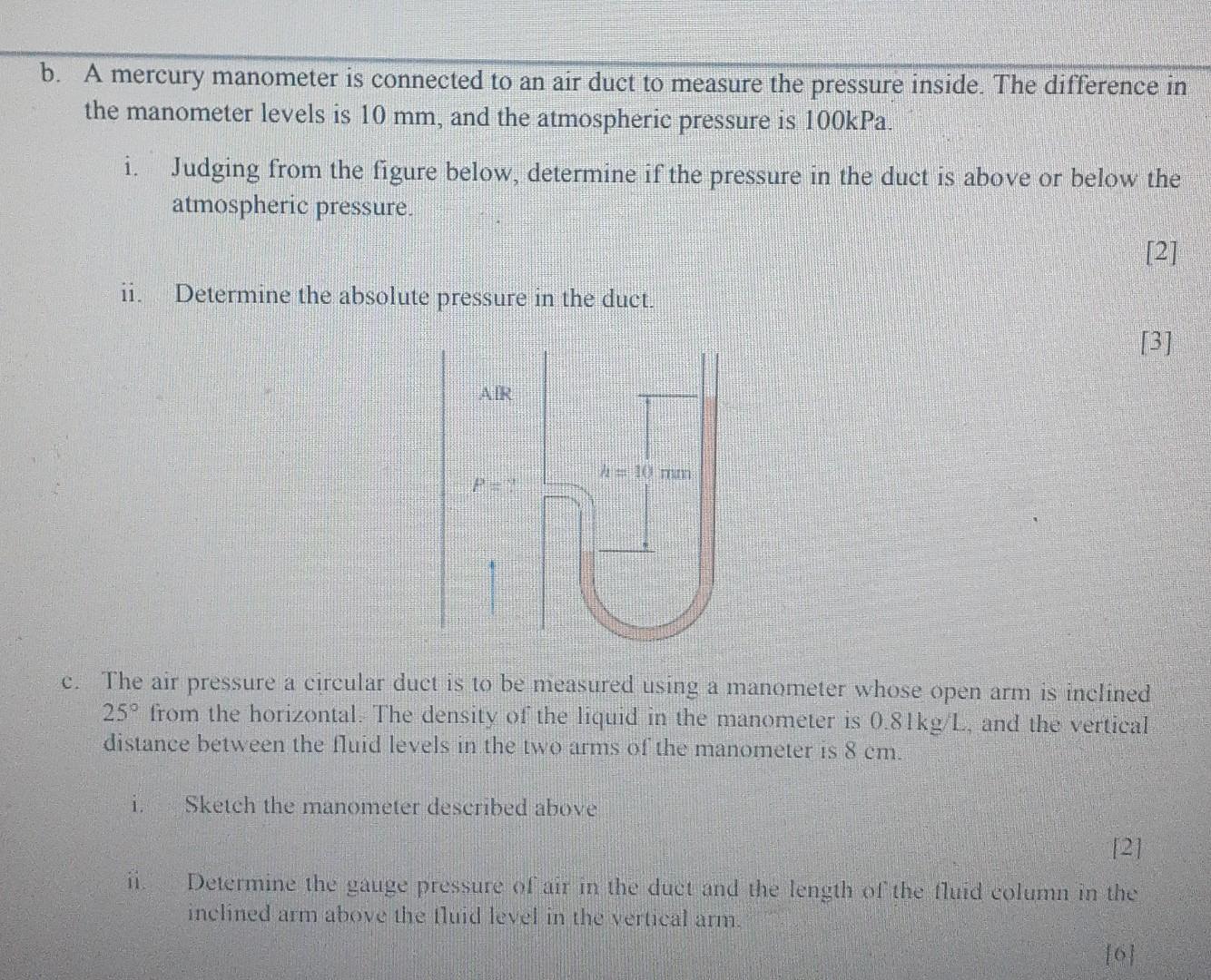 Solved b. A mercury manometer is connected to an air duct to | Chegg.com