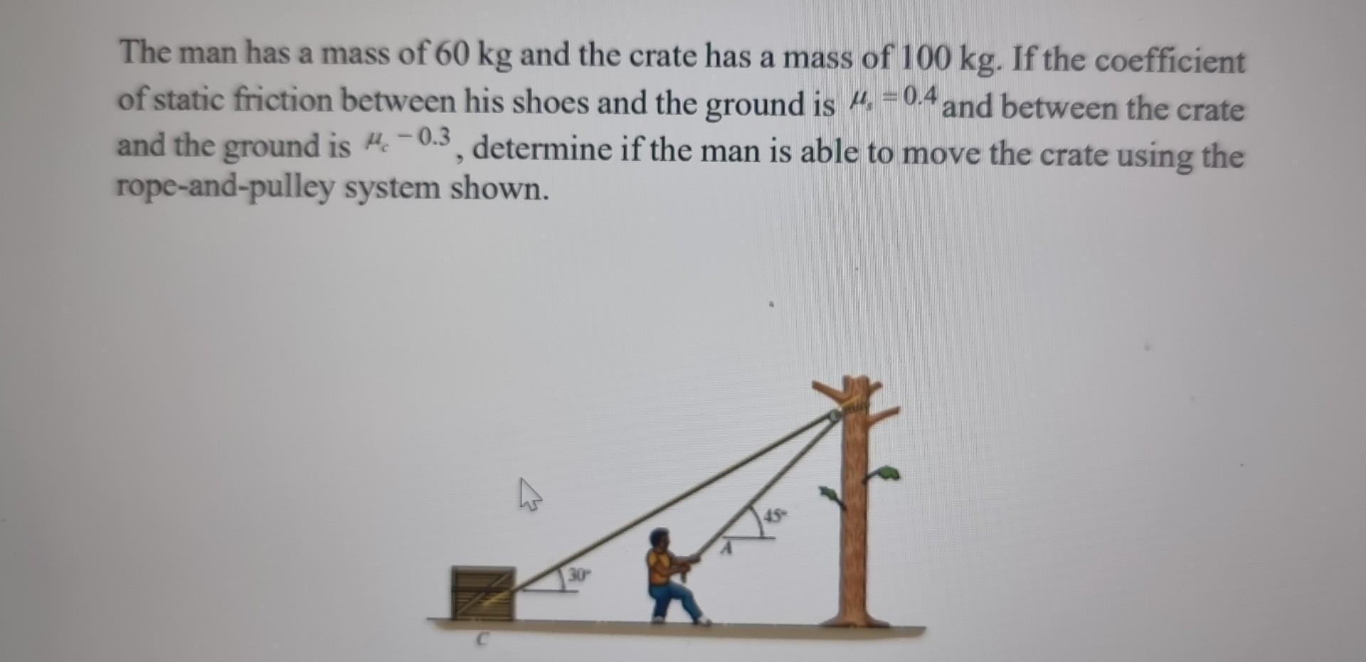 Solved The man has a mass of 60 kg and the crate has a mass | Chegg.com