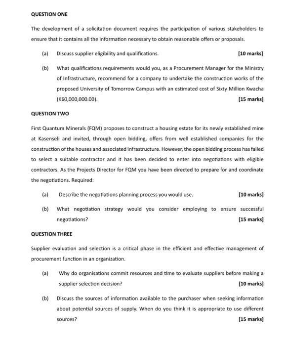 Solved QUESTION ONE The development of a solicitation | Chegg.com