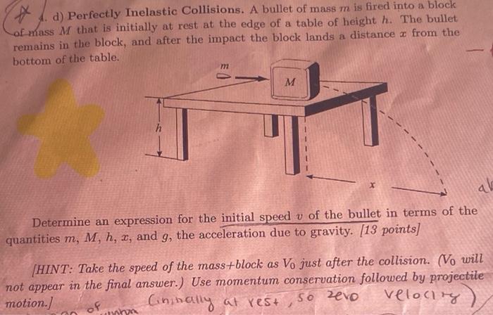 Solved d) Perfectly Inelastic Collisions. A bullet of mass m | Chegg.com