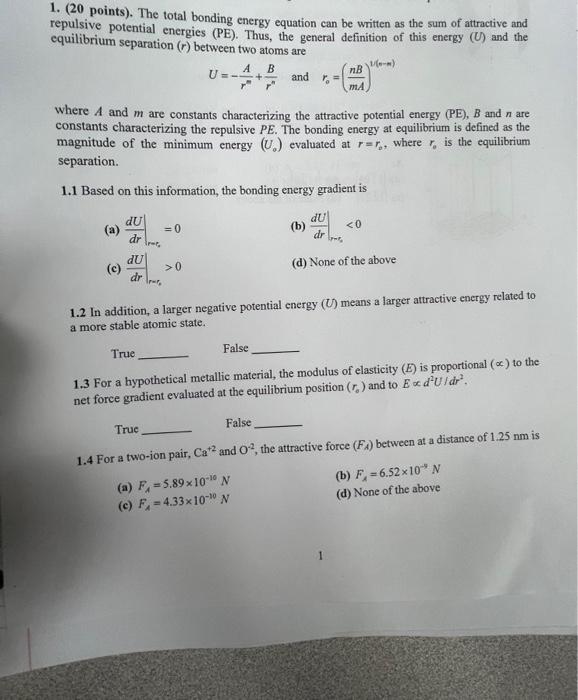 Solved 1. ( 20 points). The total bonding energy equation | Chegg.com