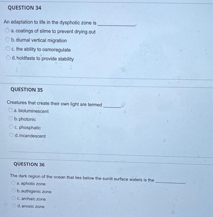Solved QUESTION 34 An adaptation to life in the dysphotic | Chegg.com