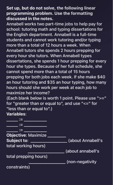 Solved Set up, but do not solve, the following linear | Chegg.com