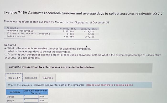 Solved Exercise 7-16A Accounts receivable turnover and | Chegg.com