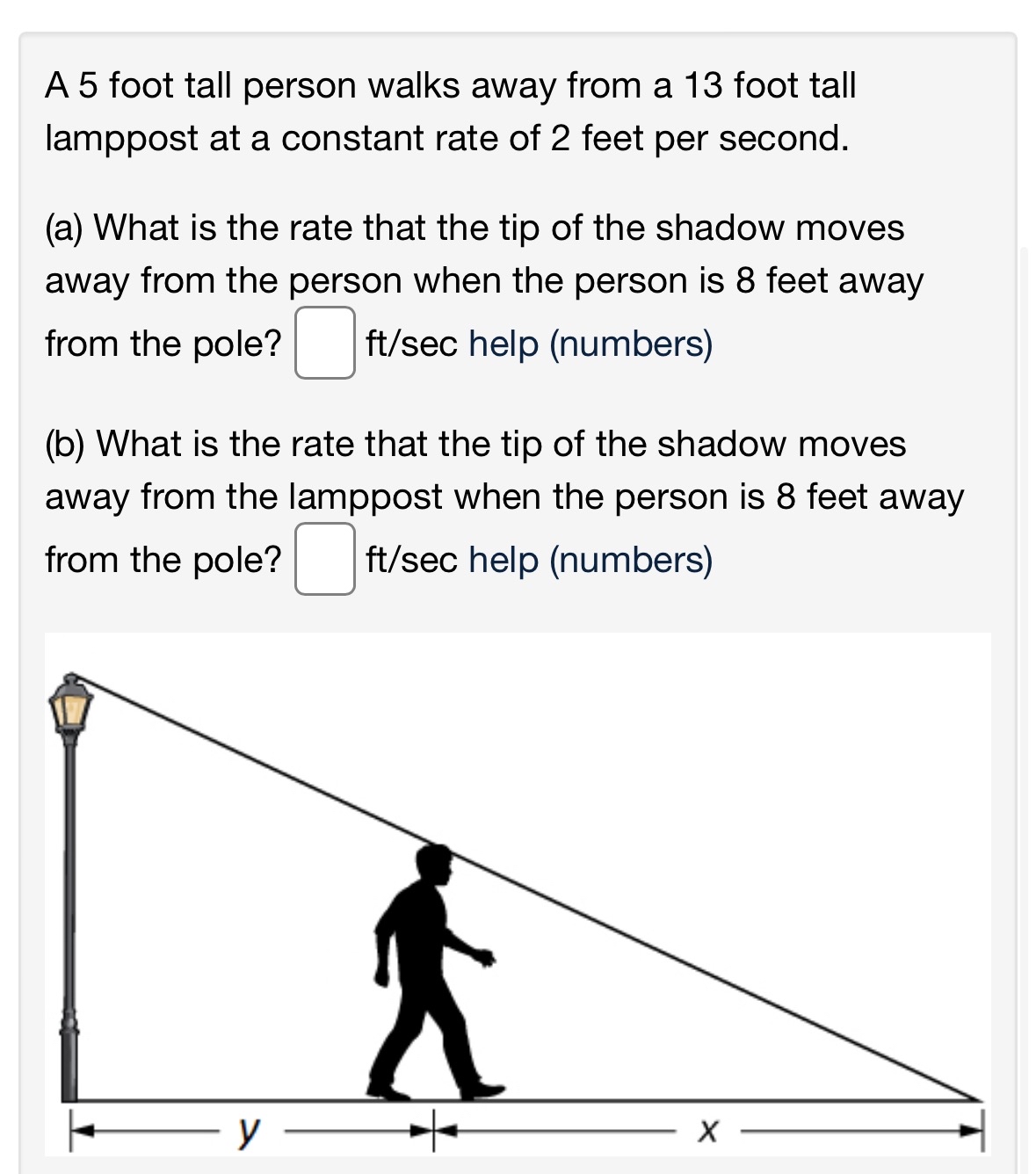 Solved A 5 ﻿foot tall person walks away from a 13 ﻿foot tall | Chegg.com