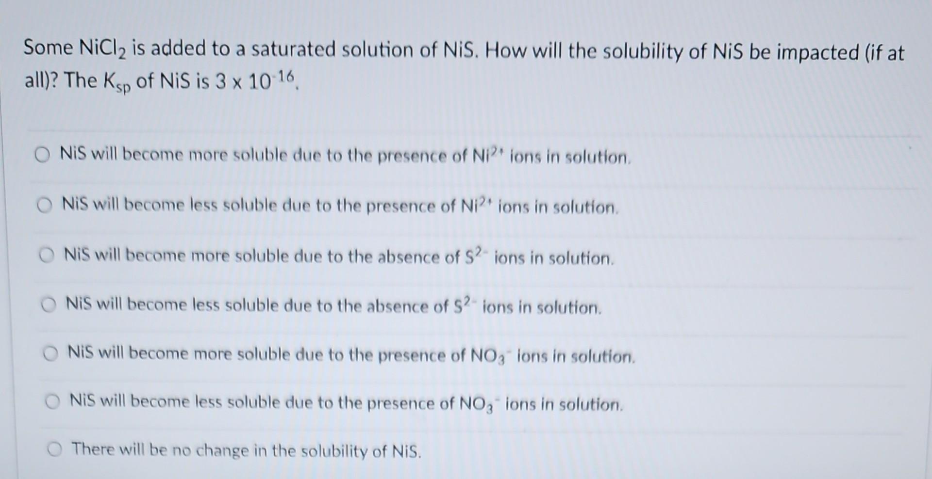 Some NiCl2 is added to a saturated solution of NiS. | Chegg.com
