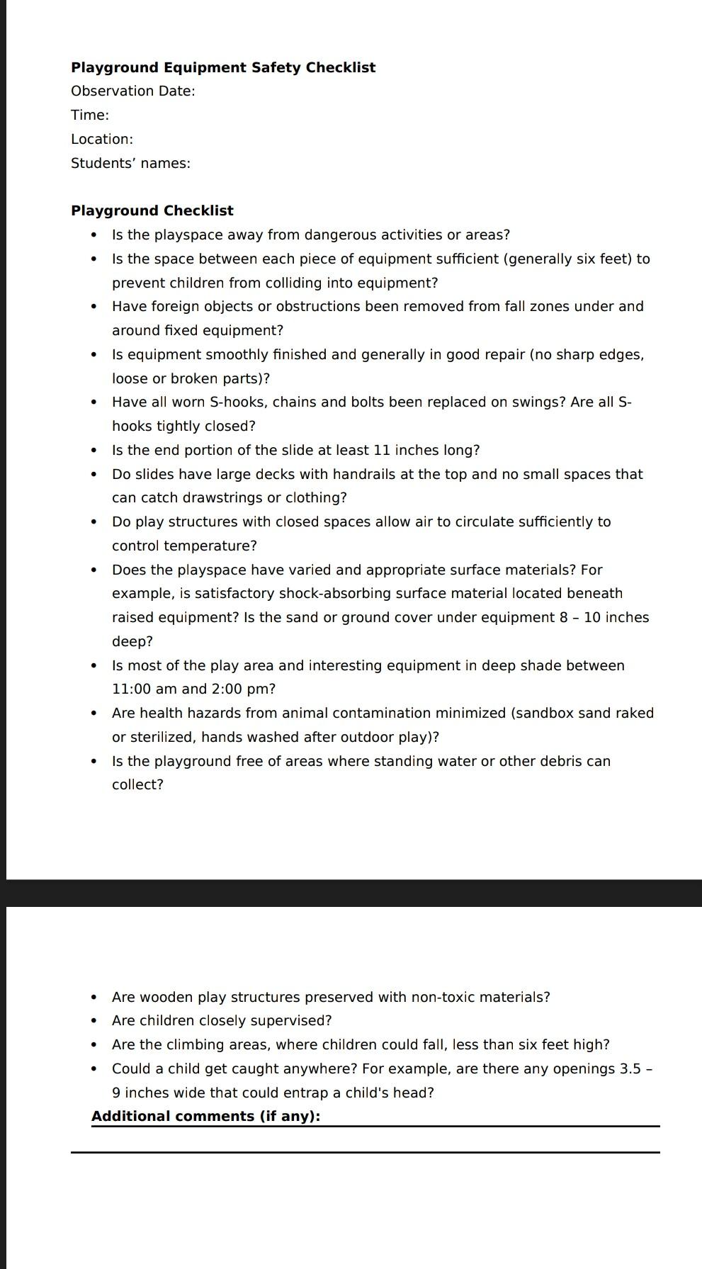 Playground Observation and Assessment Report The | Chegg.com