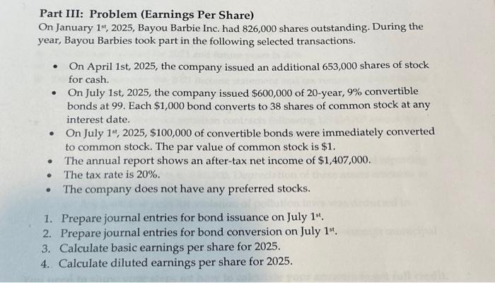 Solved Part III: Problem (Earnings Per Share) On January 1st | Chegg.com