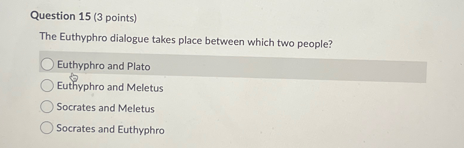 Solved Question 15 (3 ﻿points)The Euthyphro dialogue takes | Chegg.com
