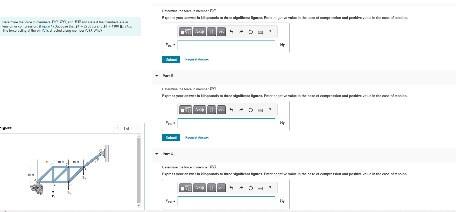 Solved Determine the force in member \( ﻿B C \). ﻿Determine | Chegg.com