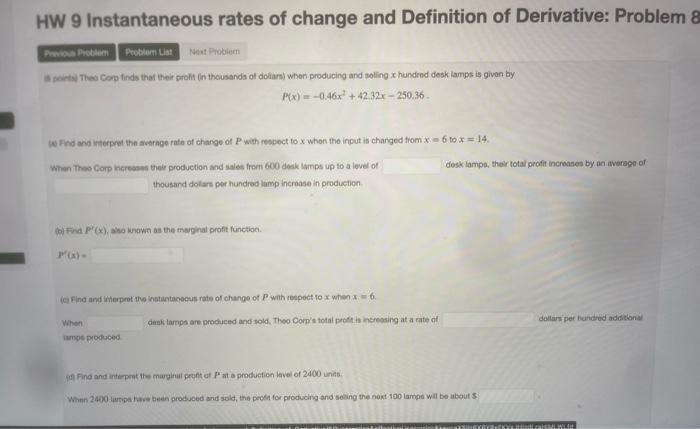 Solved HW 9 Instantaneous rates of change and Definition of | Chegg.com