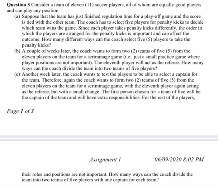Solved Question 3 Consider a team of eleven (11) soccer | Chegg.com