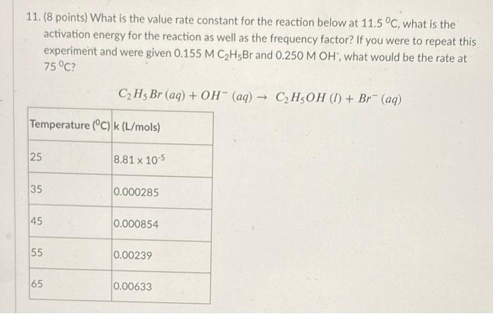 Solved 11. (8 points) What is the value rate constant for | Chegg.com