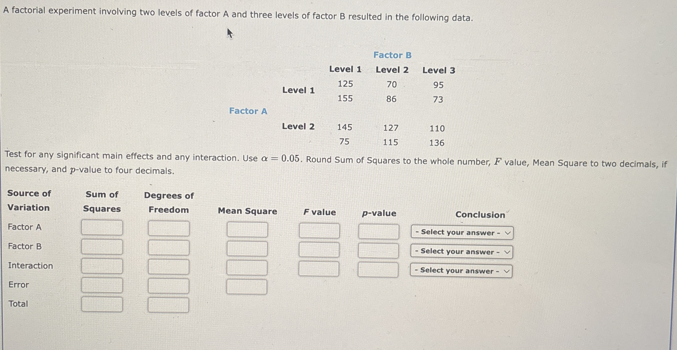 Solved A factorial experiment involving two levels of factor | Chegg.com