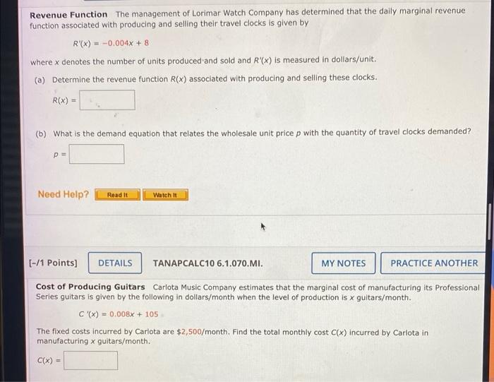 Solved Revenue Function The management of Lorimar Watch | Chegg.com