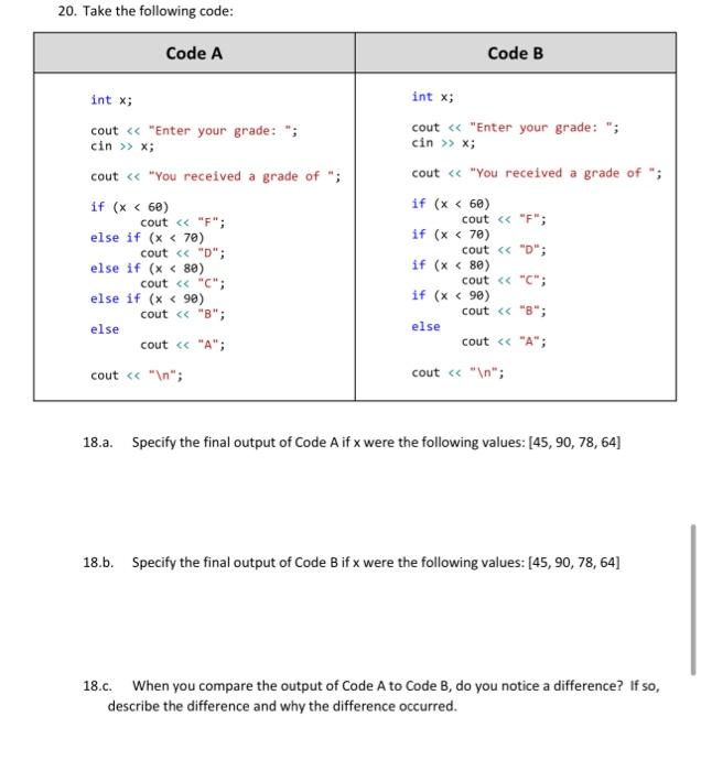 Solved 20 Take The Following Code Code A Code B Int X 2055