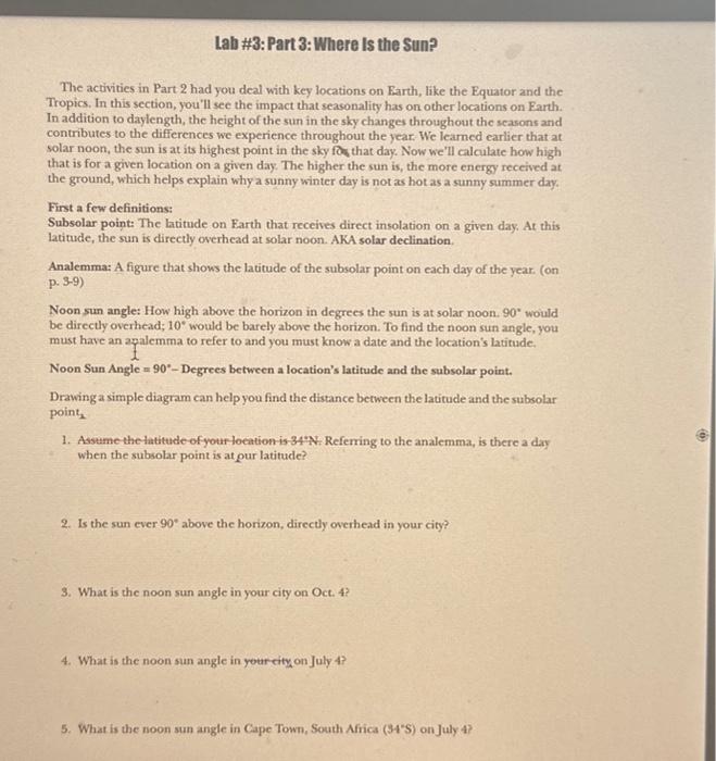 Solved Lab \#3: Part 3: Where Is the Sun? The activities in | Chegg.com