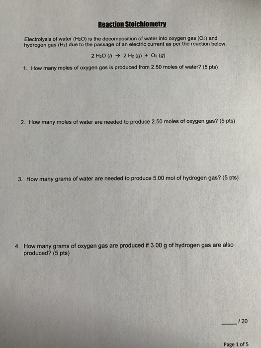 Solved Reaction Stoichiometry Electrolysis of water (H2O) is | Chegg.com