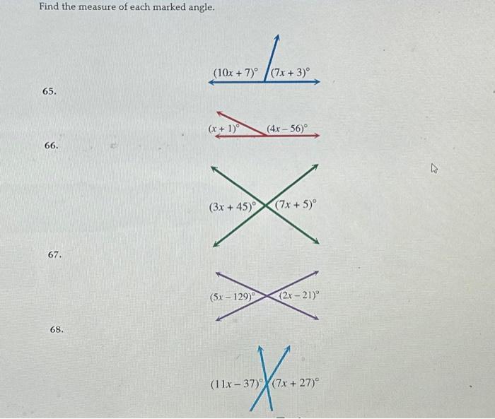Solved Find the measure of each marked angle. 65. 66. 67. | Chegg.com