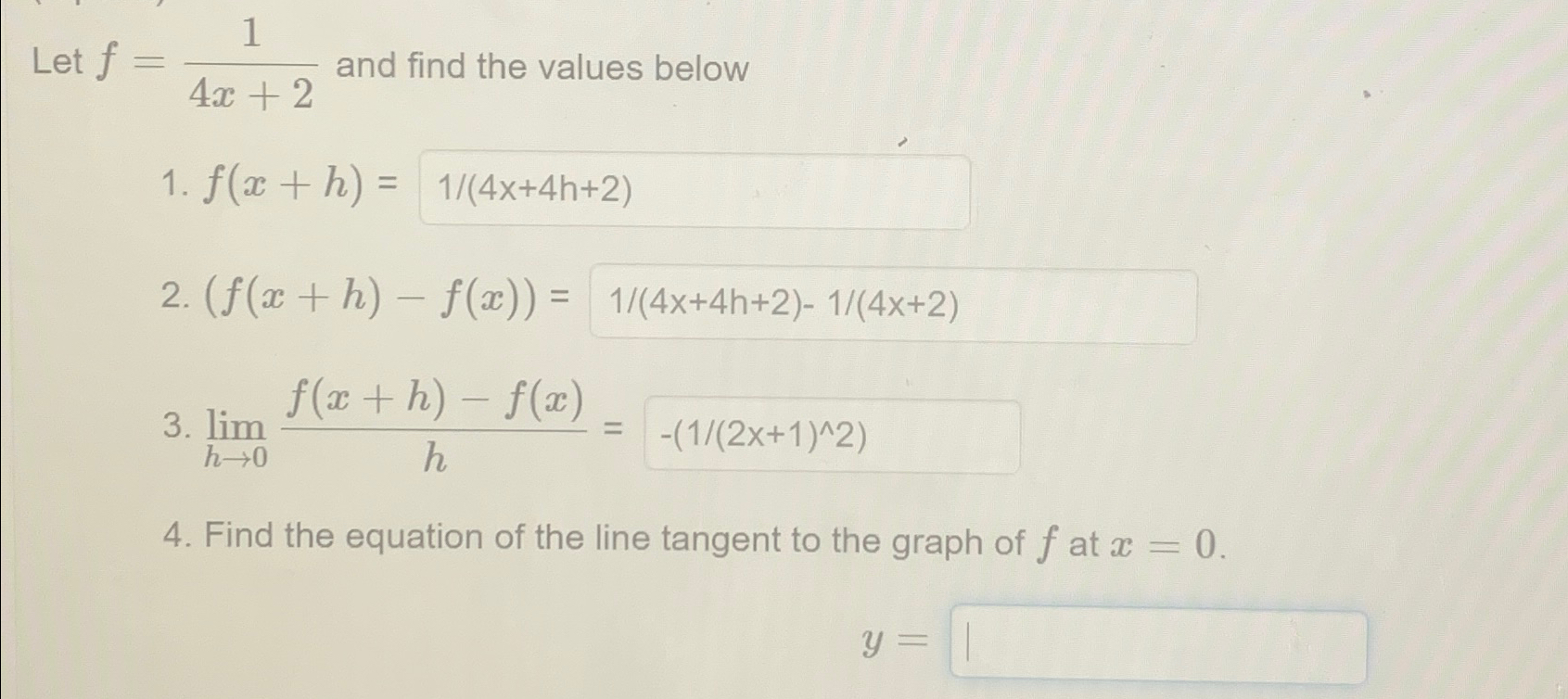 Solved Let f=14x+2 ﻿Find the equation of the line tangent to | Chegg.com