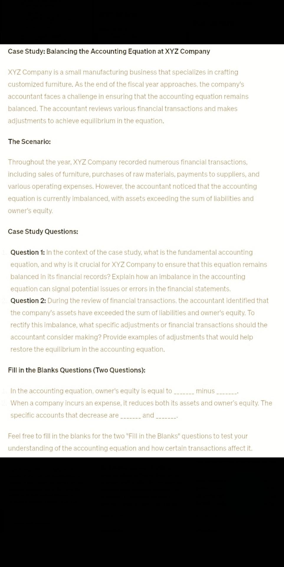 Solved Case Study: Balancing the Accounting Equation at XYZ | Chegg.com