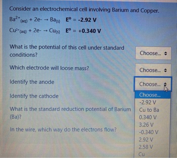 Solved Consider an electrochemical cell involving Barium and | Chegg.com