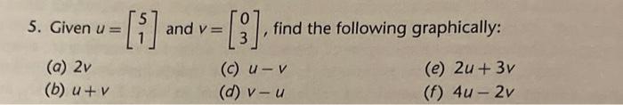 Solved 5. Given u=[51] and v=[03], find the following | Chegg.com
