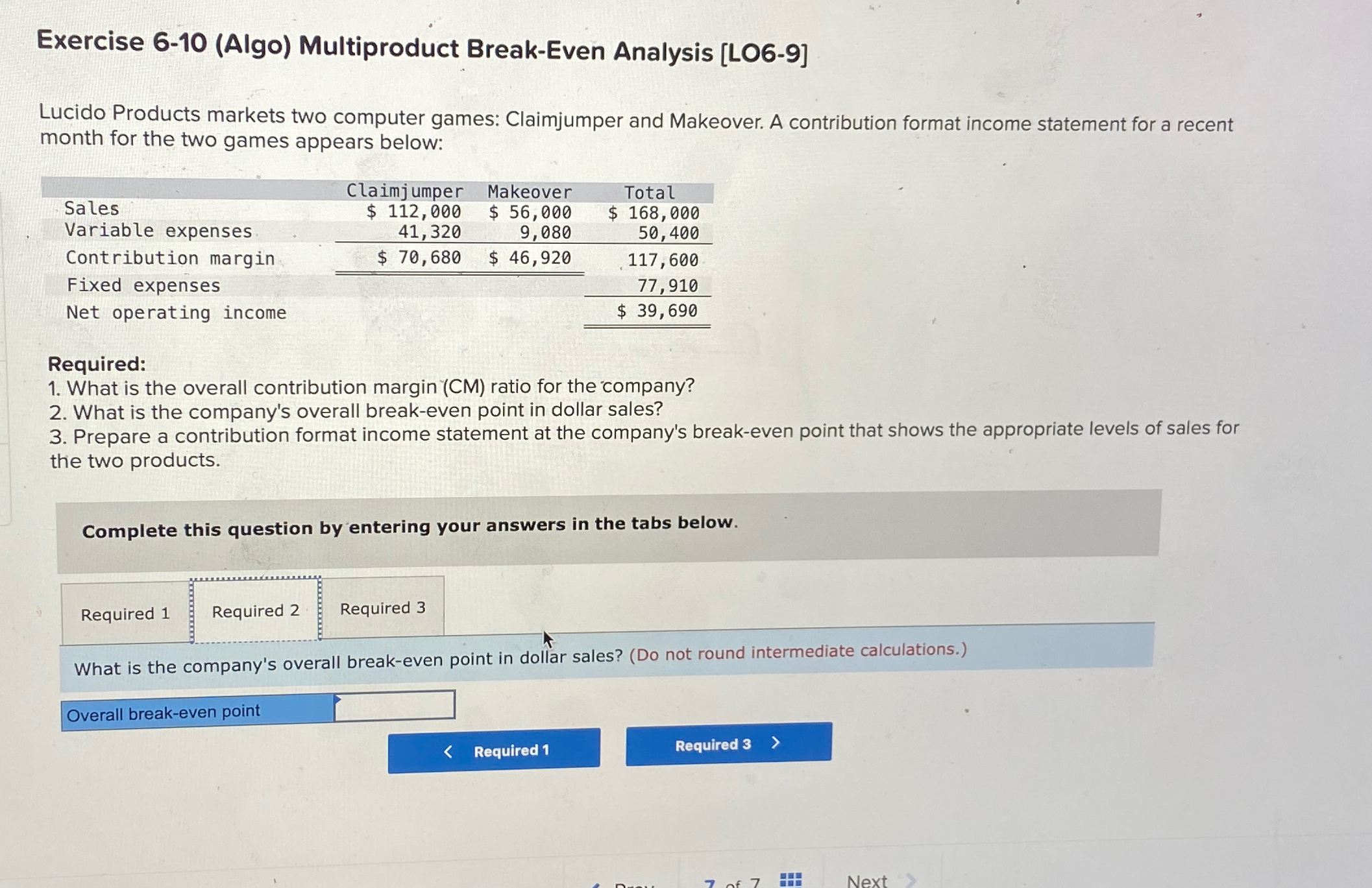 Solved Exercise 6-10 (Algo) ﻿Multiproduct Break-Even | Chegg.com