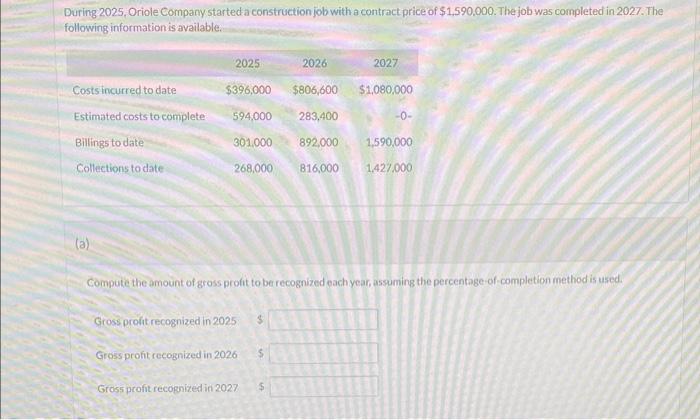 Solved During 2025, Oriole Company starteda construction job | Chegg.com