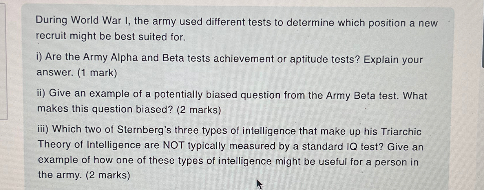 Solved During World War I, the army used different tests to | Chegg.com