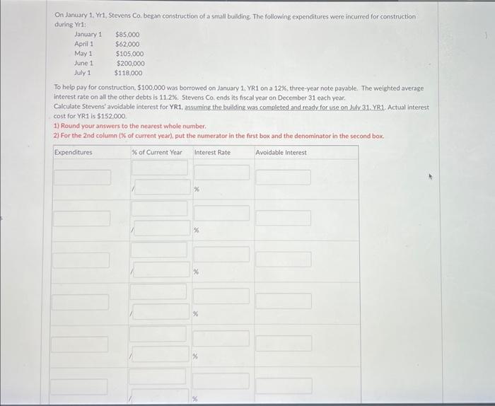 Solved On January 1, Yr1, Stevens Co. began construction of | Chegg.com