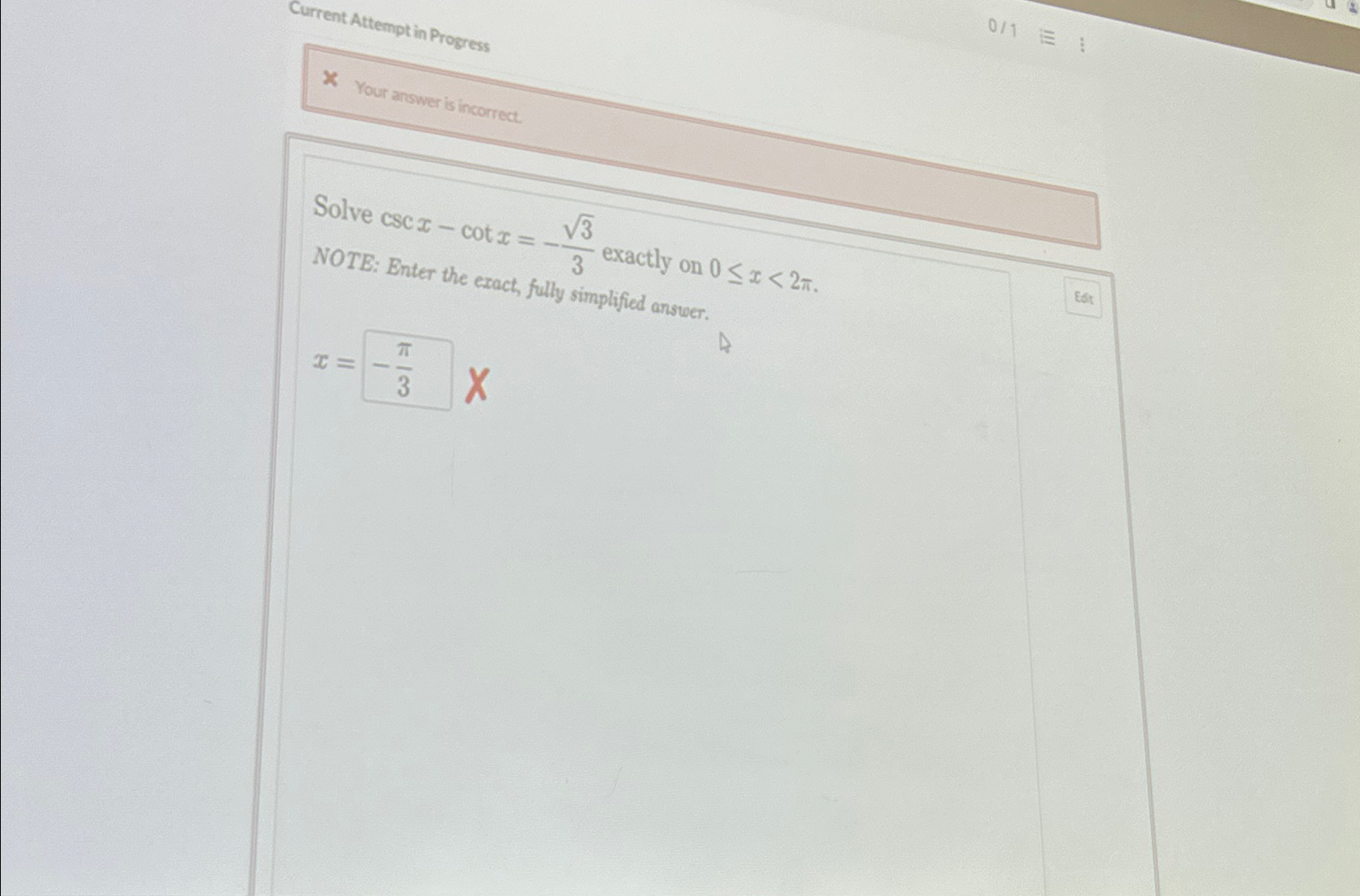 Solved Current Attempt in Progress01-=Your answer is | Chegg.com