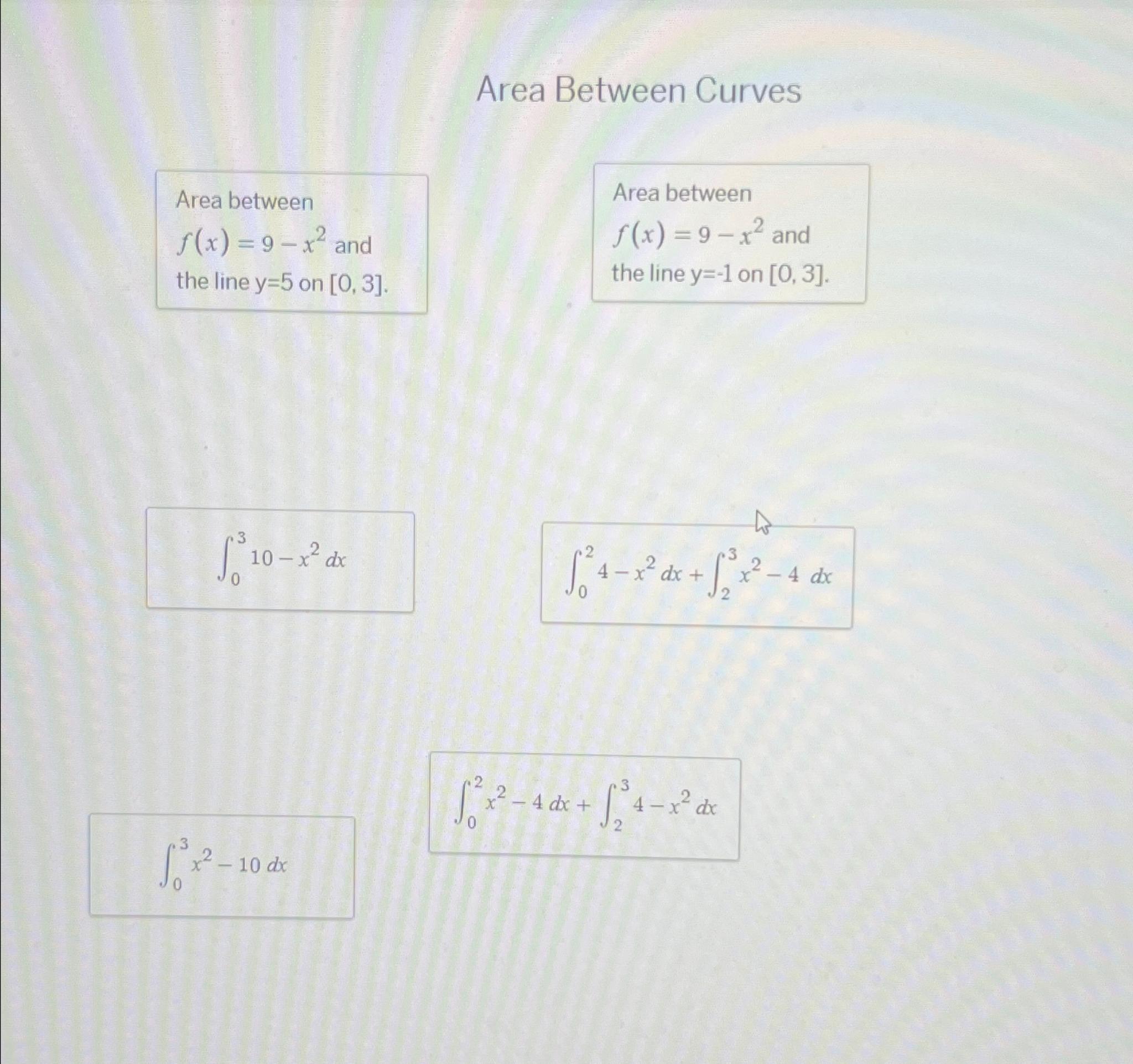 Solved Area Between CurvesArea betweenf(x)=9-x2 ﻿and the | Chegg.com