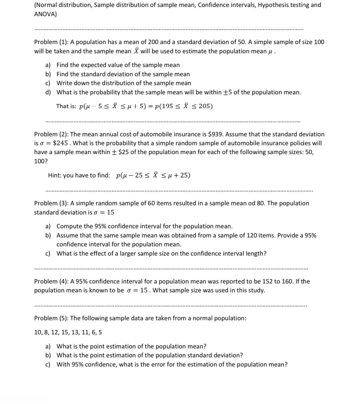 Solved Normal Distribution Sample Distribution Of Sample