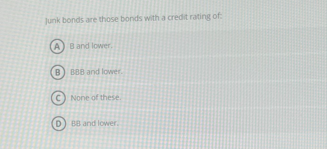 Solved Junk bonds are those bonds with a credit rating of:B | Chegg.com