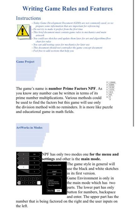 Writing Game Rules and Features Instructions A - | Chegg.com