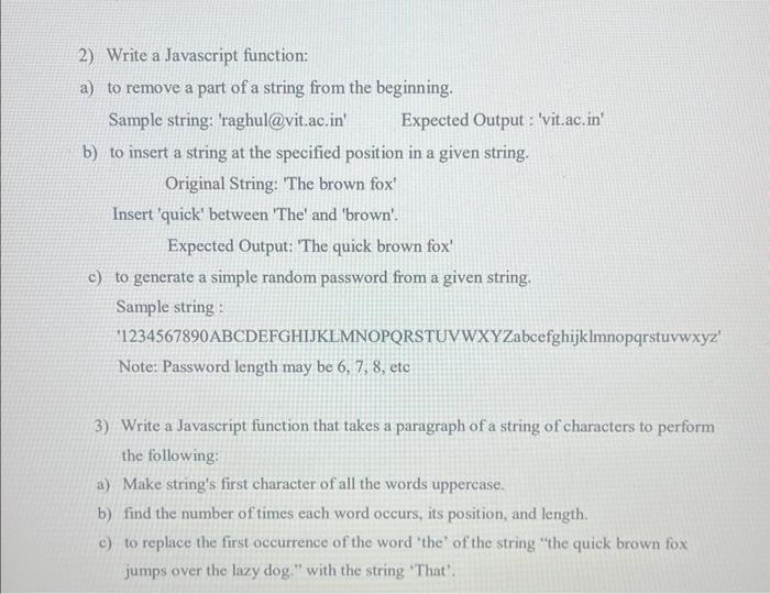 Solved 2) Write a Javascript function: a) to remove a part | Chegg.com