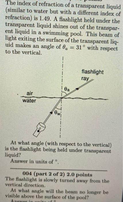 Solved The index of refraction of a transparent liquid | Chegg.com