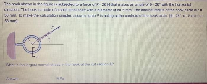 Solved The hook shown in the figure is subjected to a force | Chegg.com