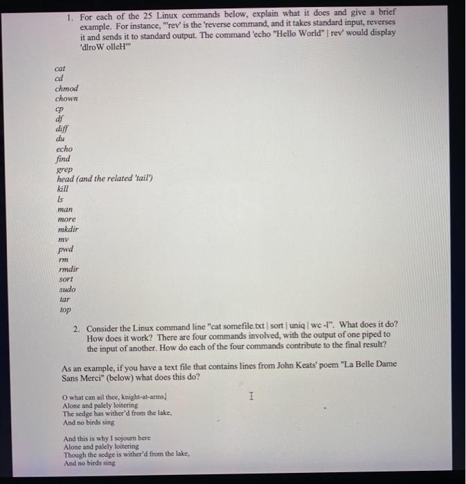 Solved 1. For each of the 25 Linux commands below, explain | Chegg.com