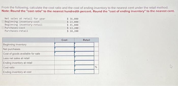 Solved From the following, calculate the cost ratio and the | Chegg.com