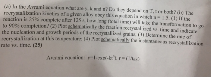 Solved (a) In the Avrami equation what are y, k and n? Do | Chegg.com