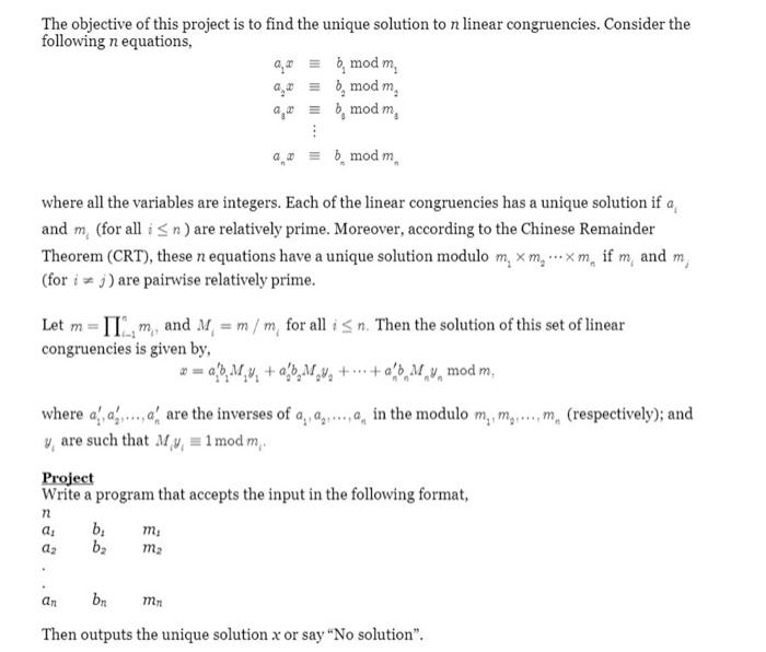 Solved The objective of this project is to find the unique | Chegg.com