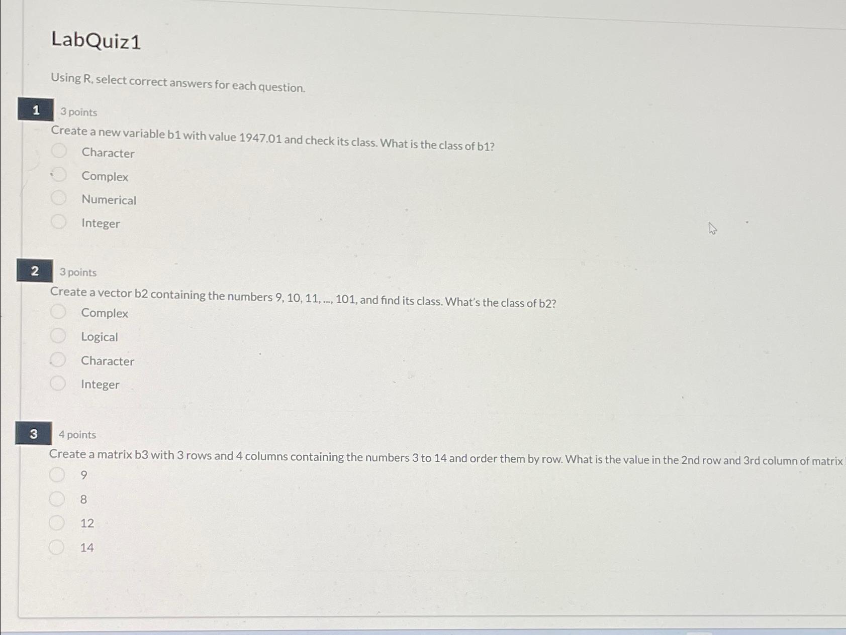 Solved LabQuiz1Using R, ﻿select correct answers for each | Chegg.com