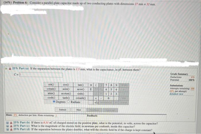 Solved (14\%) Problem 6: Consider a parallel-plate capacitor | Chegg.com