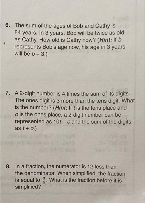 Solved 6. The sum of the ages of Bob and Cathy is 84 years. | Chegg.com