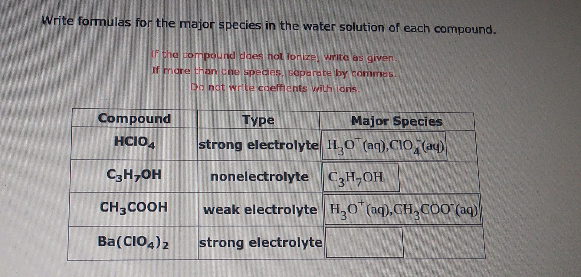 Solved Write formulas for the major species in the water | Chegg.com