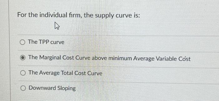Solved For the individual firm, the supply curve is: The TPP | Chegg.com