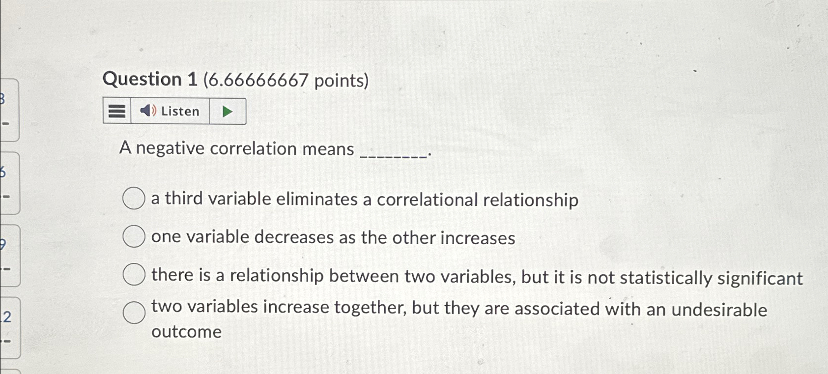 Solved Question 1 (6.66666667 ﻿points)A negative correlation | Chegg.com